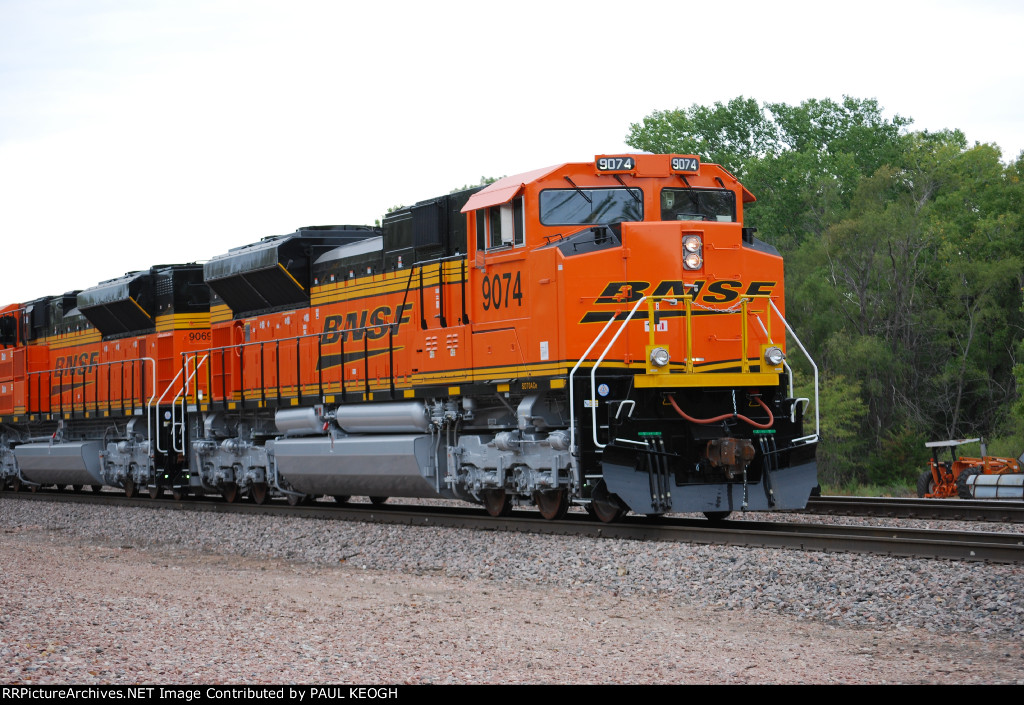BNSF 9074 with Her Lights on Dim waits for a Highball Green with Her Sister Unit BNSF 9069 ...